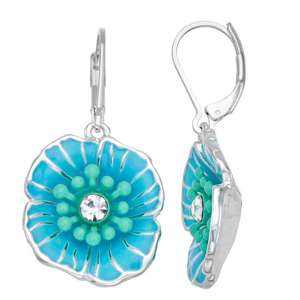 Napier Silver Tone Turquoise Glass Flower Drop Earrings