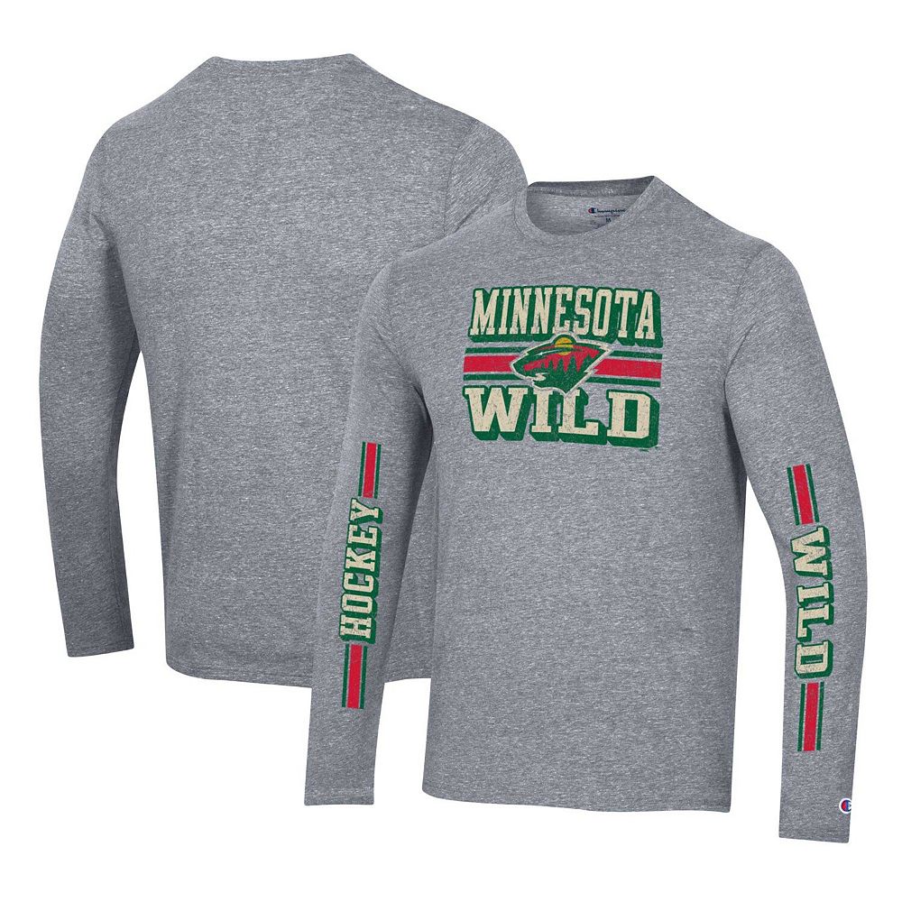 Men's Champion Heather Gray Minnesota Wild Tri-Blend Dual-Stripe Long ...
