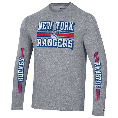 Men's Champion Heather Gray New York Rangers Tri-Blend Dual-Stripe Long ...