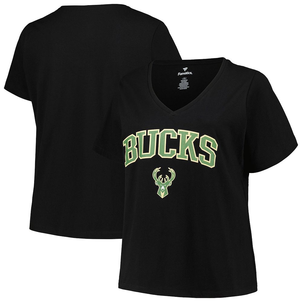 Women's Profile Black Milwaukee Bucks Plus Size Arch Over Logo V-Neck T ...