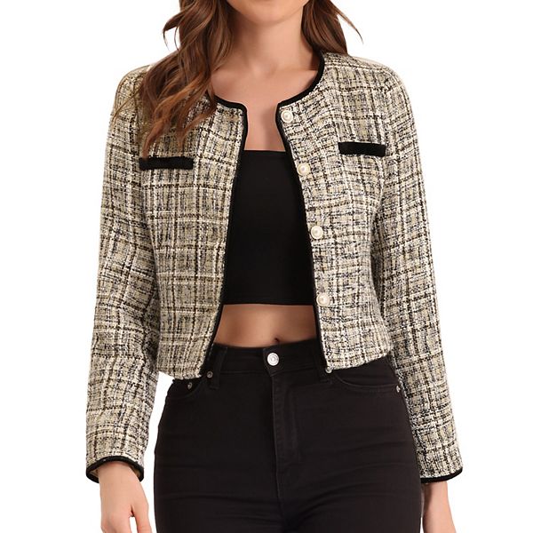 Tweed Jacket For Women Casual Round Neck Button Front Closure Long Sleeve
