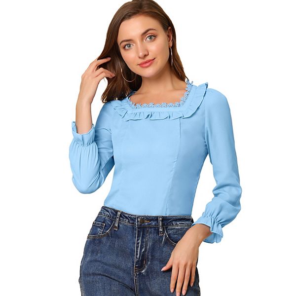Women's Elegant Ruffle Square Neck Puffy Long Sleeve Chiffon Blouse