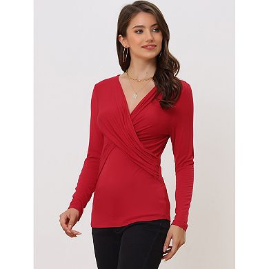 Long Sleeve Tops for Women Elegant V Neck Cross Front T Shirts Blouse