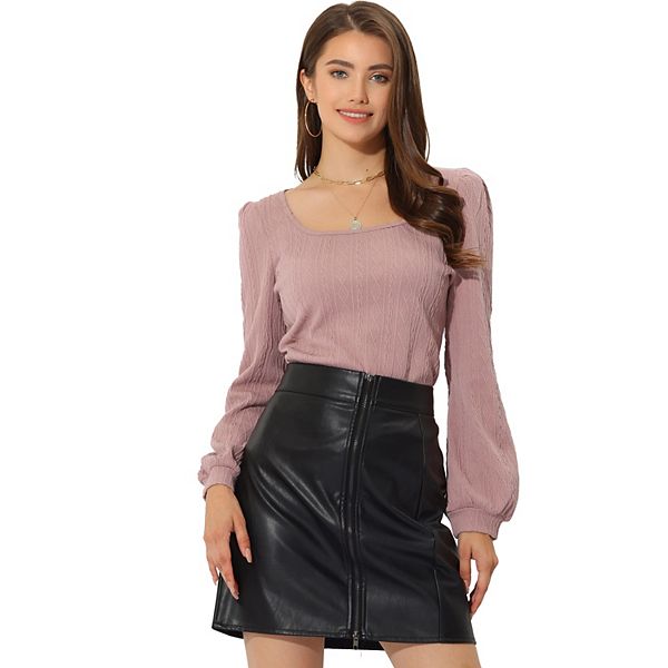 Women's Square Neck Tops Casual Long Sleeve Banded Cuff Knit Blouse Top