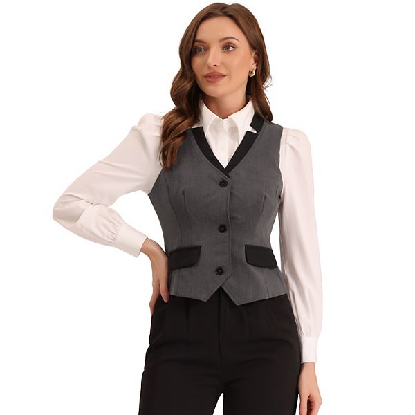 Business Office Vest For Women's V Neck Contrast Trim Button Down ...