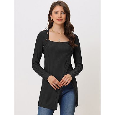 Women's Long Sleeve Shirts Square Collar Button Up Side Slit Longline ...