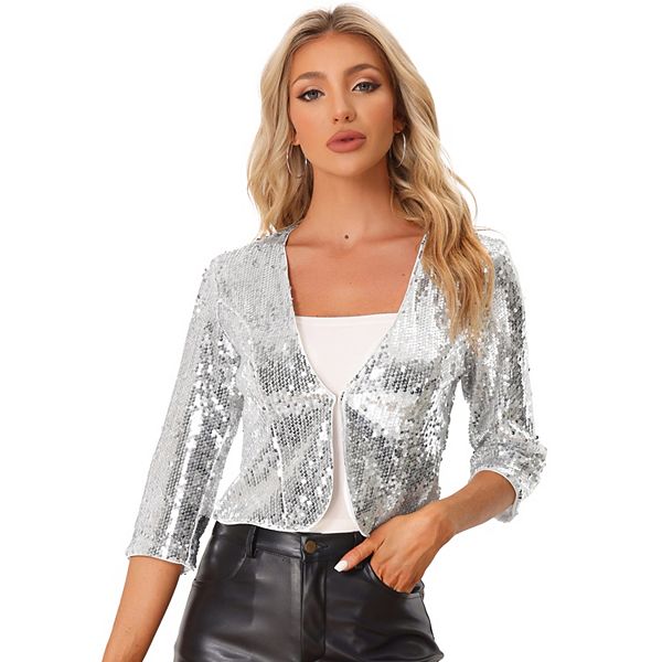 Women's Sequin Shrug 3/4 Sleeve Open Front Glitter Sparkly Short Blazer ...