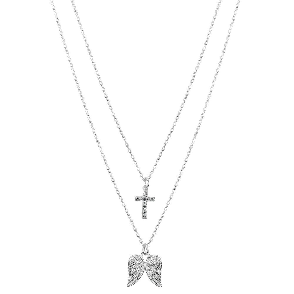 Gratitude & Grace Fine Silver Plated Cubic Zirconia Cross & Angel Wings ...