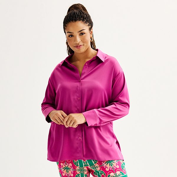 Plus Size Intempo™ Satin Button Down Shirt