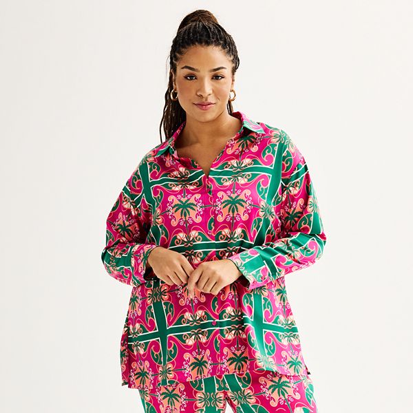 Plus Size INTEMPO™ Satin Button Down Shirt