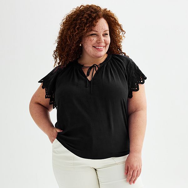 Plus Size Catherine Malandrino Short Sleeve Tie Neck Top