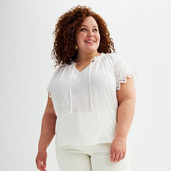Plus Size Catherine Malandrino Short Sleeve Tie Neck Top