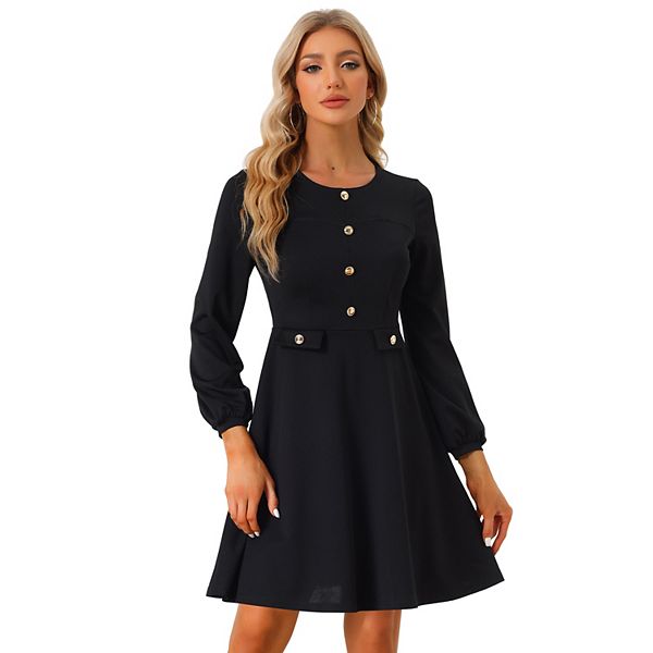 Work Office Dress For Women's Contrast Button Decor Long Sleeve Dresses