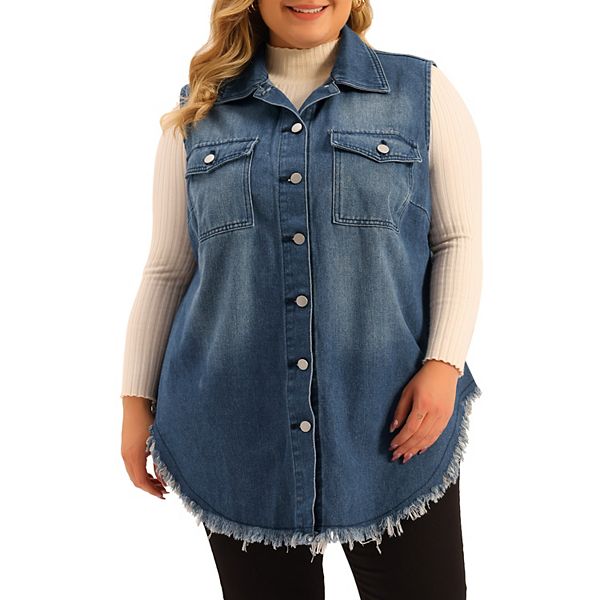 Women's Plus Size Button Up Frayed Hem Shacket Sleeveless Pockets Denim ...