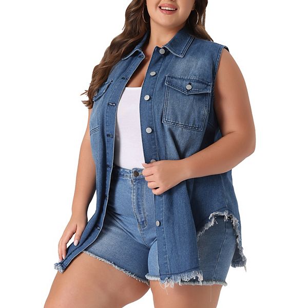 Women's Plus Size Button Up Frayed Hem Shacket Sleeveless Pockets Denim ...