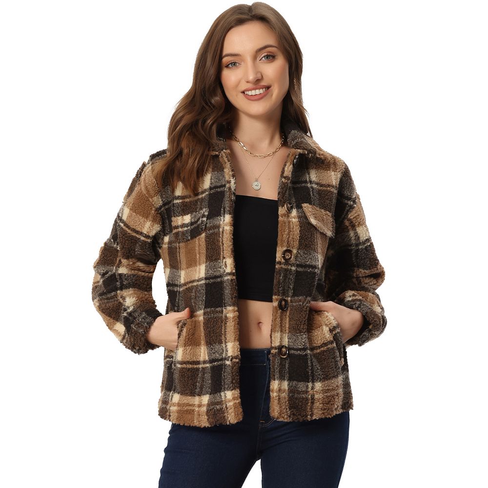 Faux Fleece Jackets For Women's Button Down Casual Warm Plaid Coat Outwear