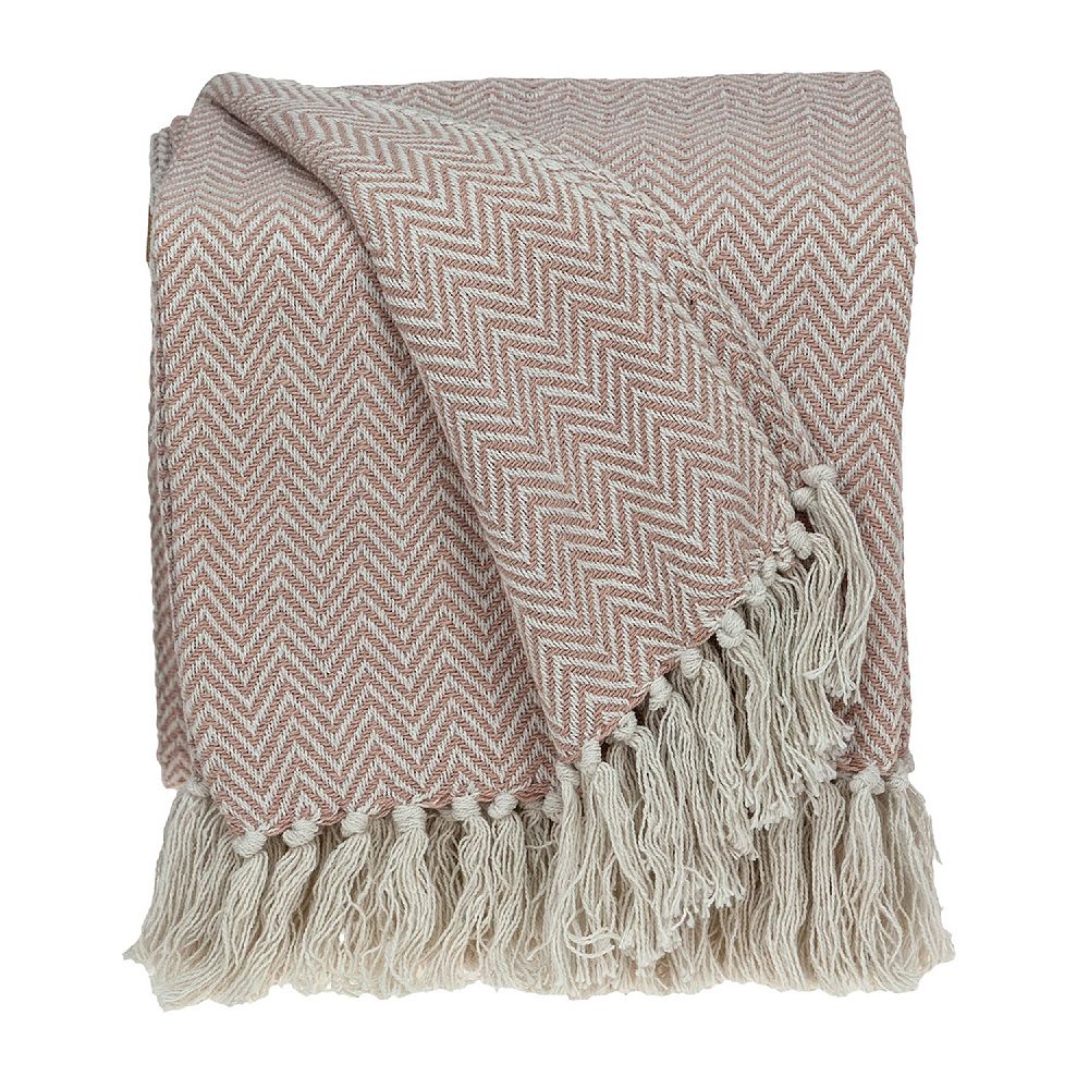 Pink and Beige Herringbone Handloom Cotton Throw Blanket 80” x 97”