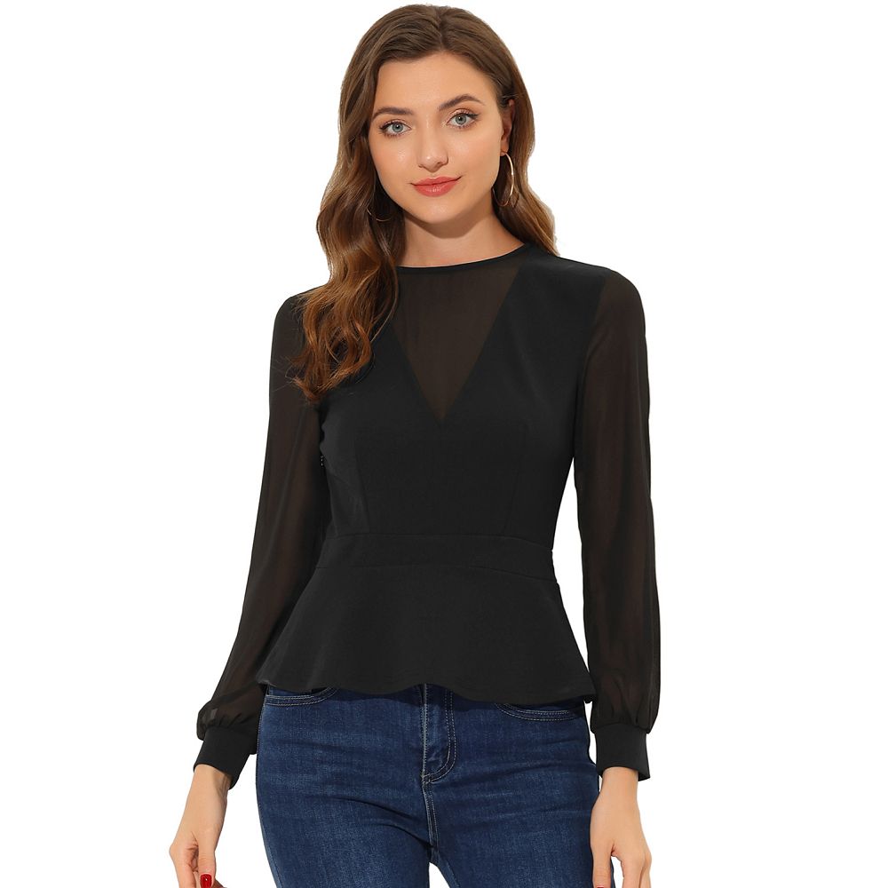 Women's Mesh Panel Top Round Neck Long Sleeve Ruffle Hem Peplum Blouse