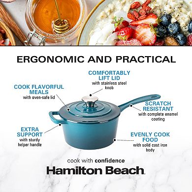 Hamilton Beach Enameled Cast Iron Sauce Pan 2-quart Navy, Cream Enamel ...