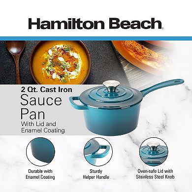 Hamilton Beach Enameled Cast Iron Sauce Pan 2-quart Navy, Cream Enamel ...