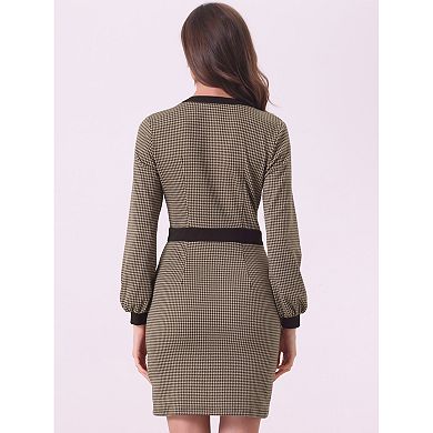 Houndstooth Dress For Women's V Neck Long Sleeves Elegant Sheath Dresses