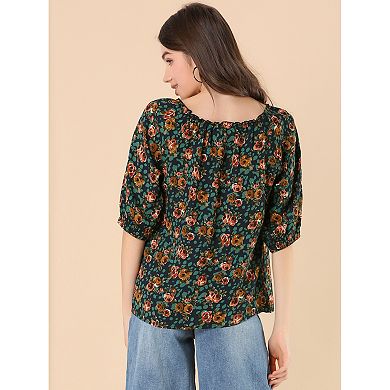 Women's Peasant Bubble Sleeve Elastic Neckline Floral Blouse