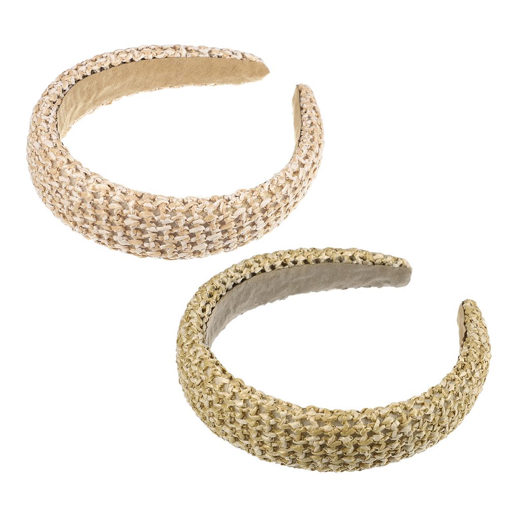 2 Pcs Straw Rattan Sponge Headband Bohemian Style Wide Hair Hoop Khaki Pink