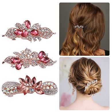 3 Pcs Hair Barrettes for Women Sparkly Rhinestones Hair Clips Pink