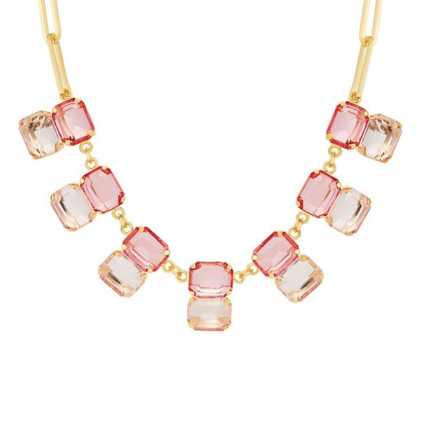Emberly Gold Tone Pink Glass Stone Paperclip Chain Necklace