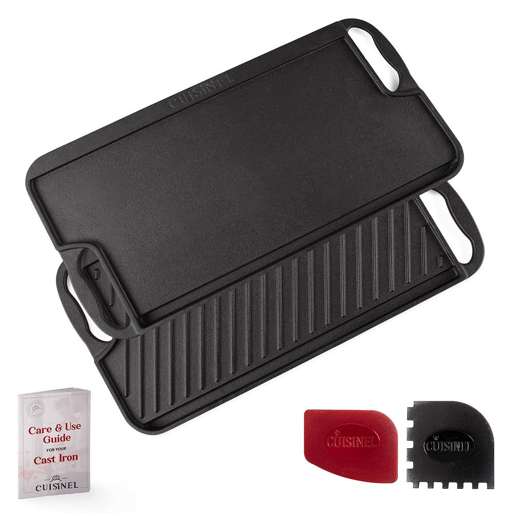 Cuisinel Cast Iron Griddle/Grill + Scraper-Reversible 20"X10" Dual ...