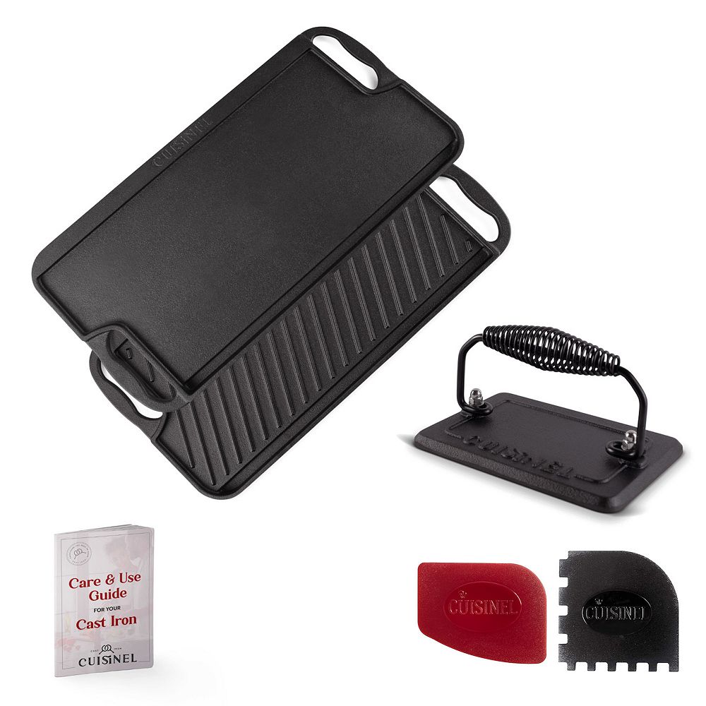 Cuisinel Cast Iron Griddle/Grill + Burger Press + Reversible 20" X 10 ...