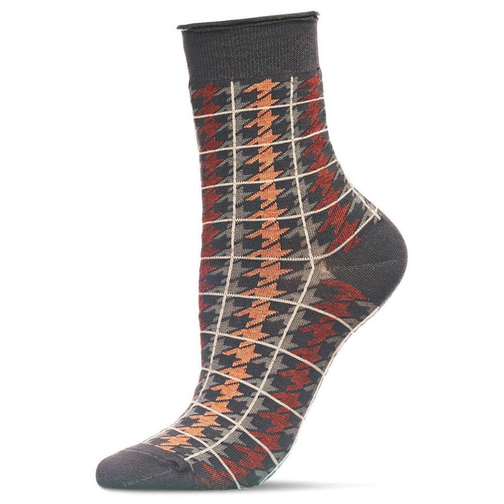 Women's Houndstooth Plaid Roll Top Cotton-Blend Crew Sock