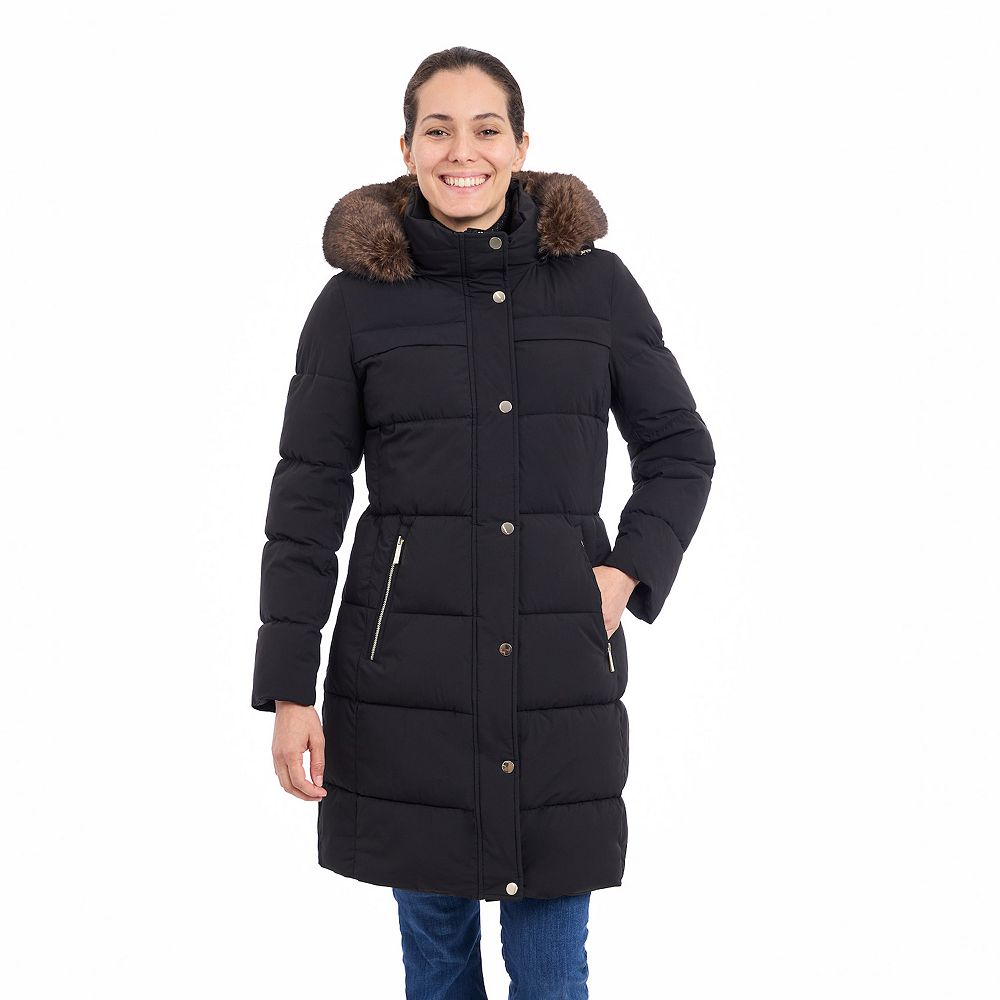 Women's London Fog Faux Fur Trim Hood Long Puffer Coat