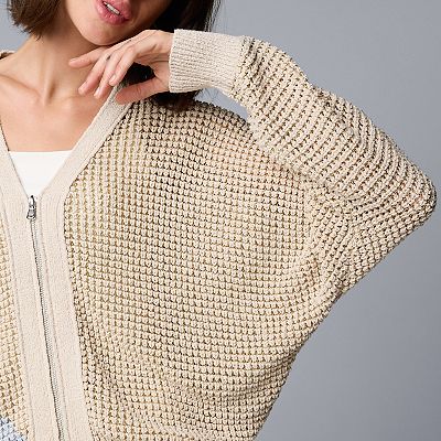 Women's Simply Vera Vera Wang Loose Waffle Knit Zip Front V Women's Simply Vera Vera Wang Loose Waffle Knit Zip Front V