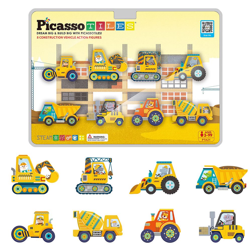 PicassoTiles 8 PC Construction Vehicle Themed Magnetic Tiles Magnet ...