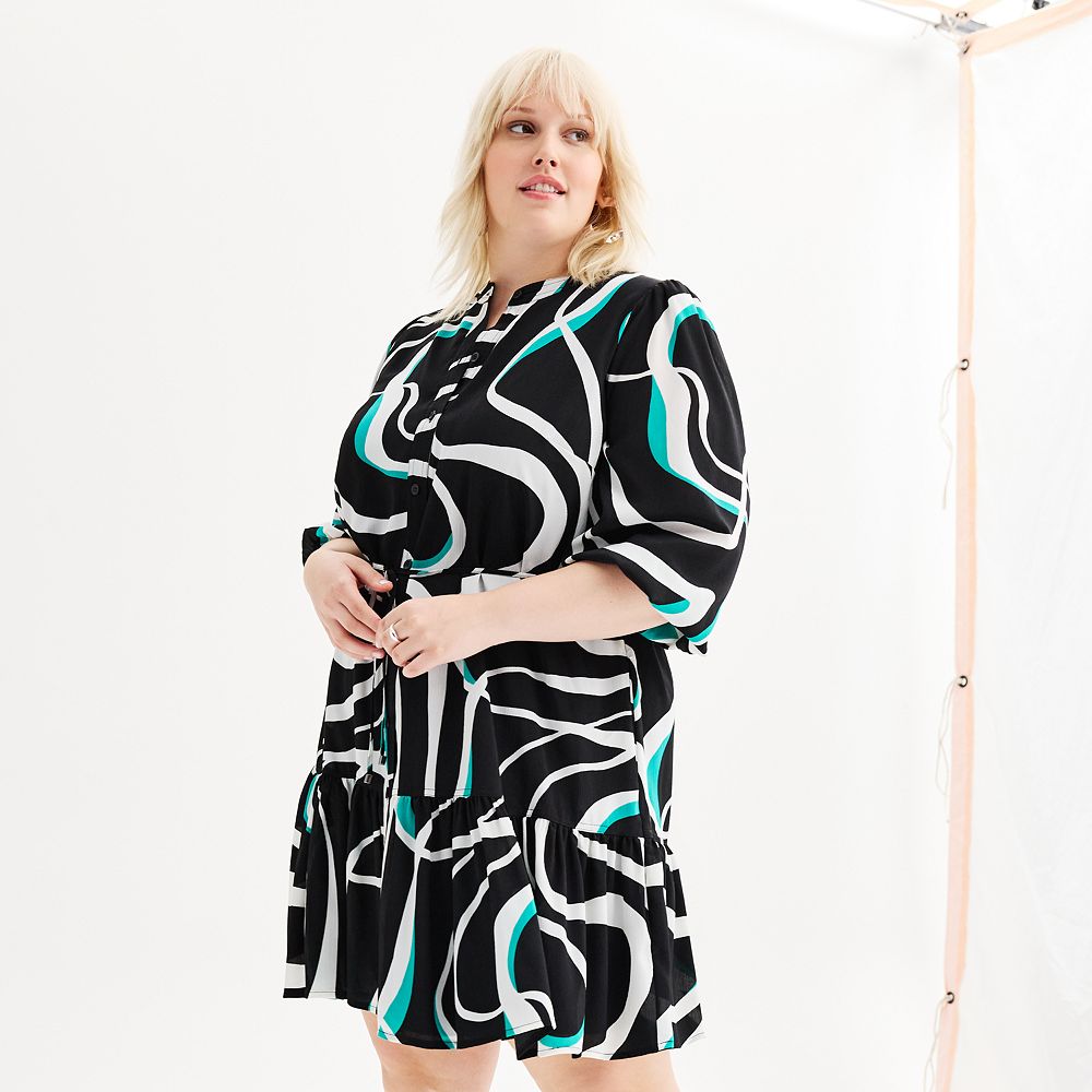 Plus Size Nine West Long Sleeve Tiered Belted Mini Dress