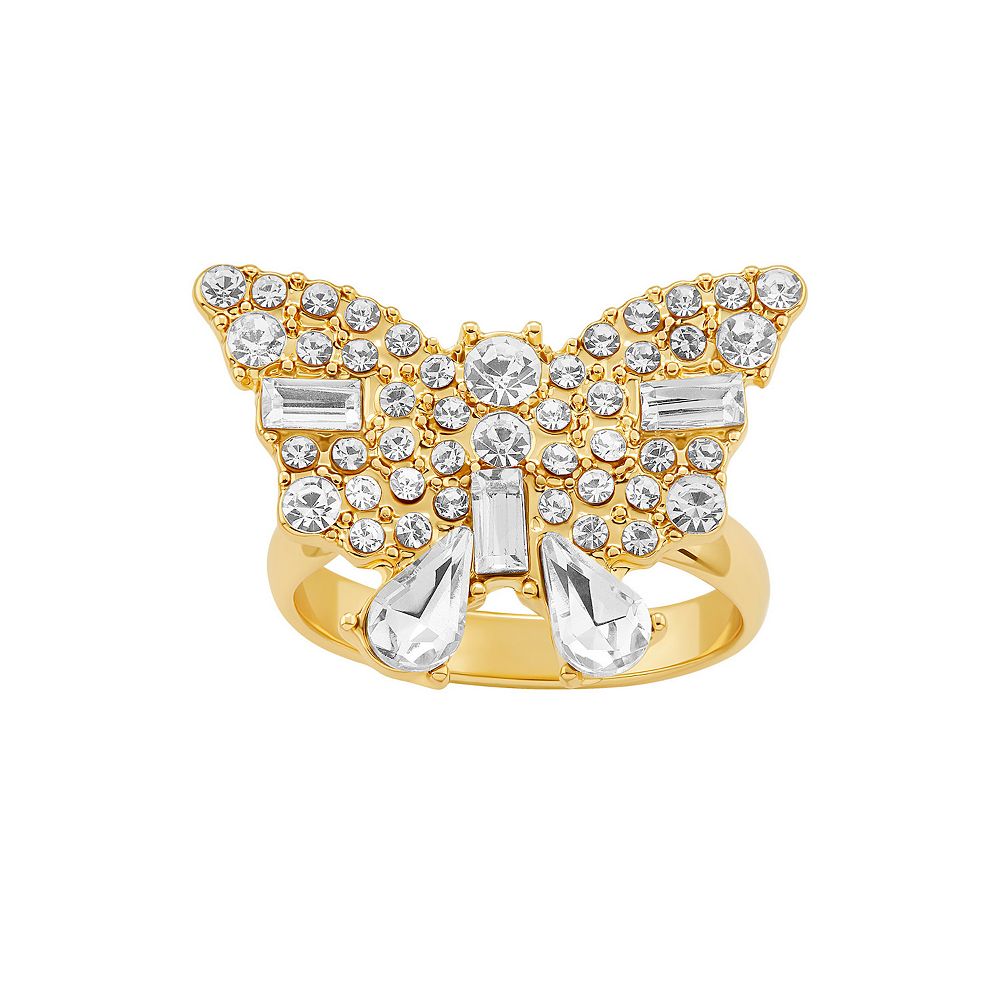 Emberly Gold Tone Pave Glass Stone Butterfly Adjustable Band Ring