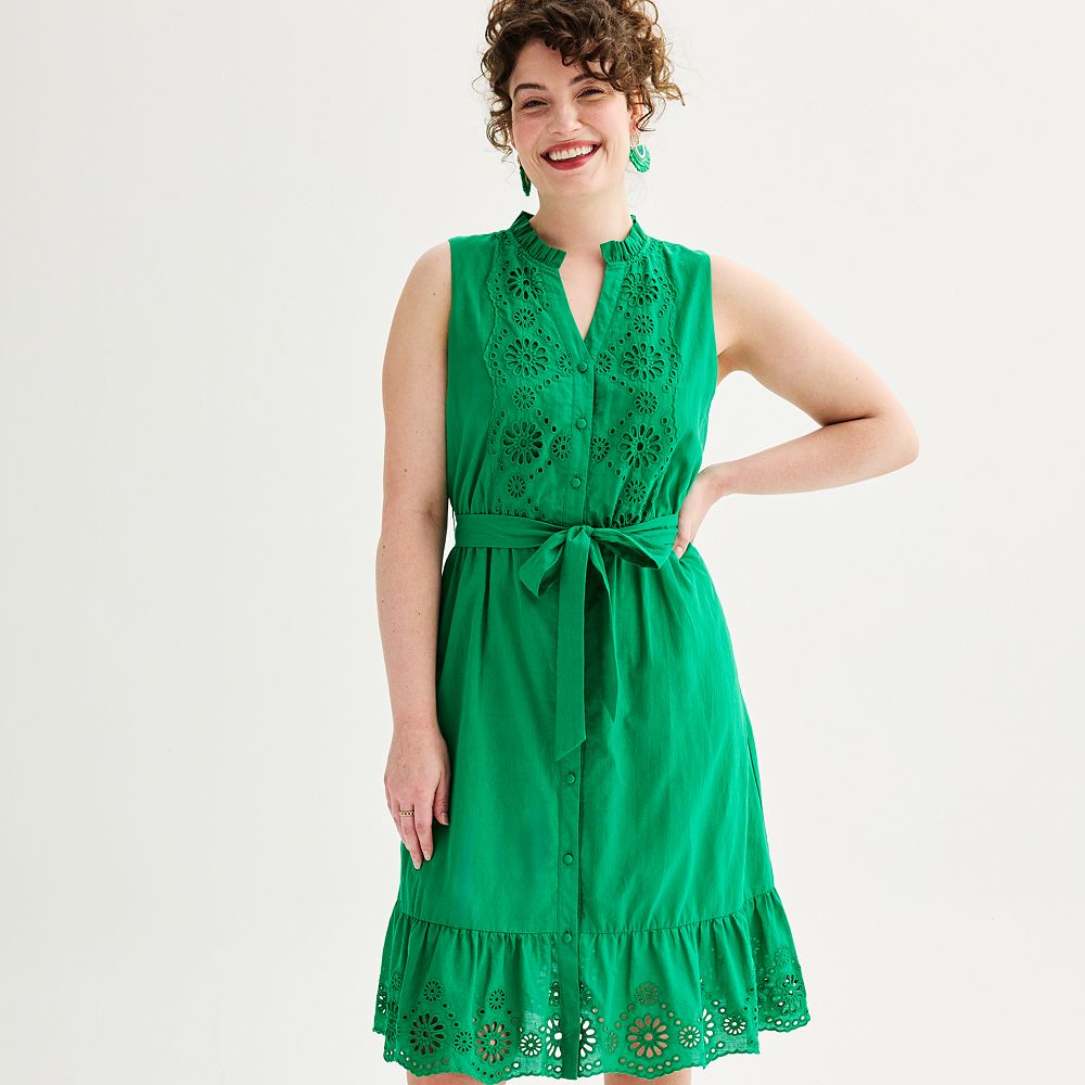 Women's Draper James Eyelet Lace Trimmed Sleeveless Belted Dress