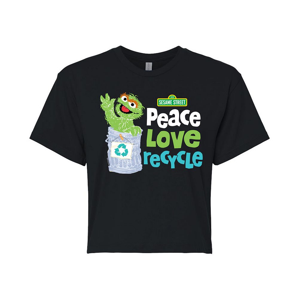 Juniors' Sesame Street Peace Love Recycle Cropped Tee