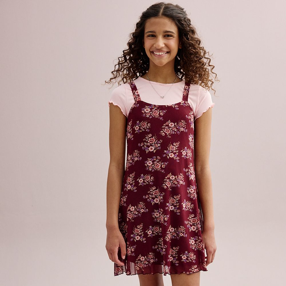 Girls 7-16 Knit Works 3-Piece Power Mesh Slip Dress, Short Sleeve T ...