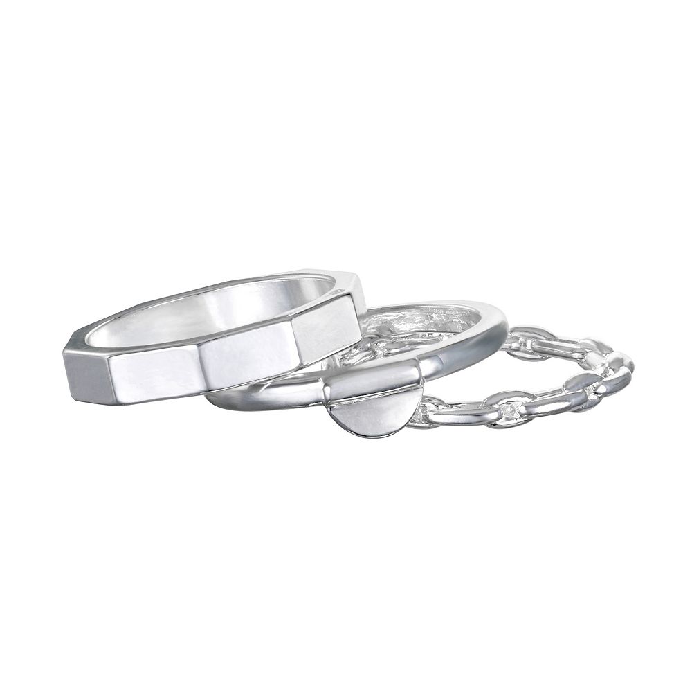Emberly Silver Tone Basic & Chain 3-piece Ring Set