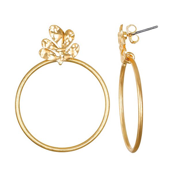 Emberly Gold Tone Leaf Topper Drop Hoop Earrings