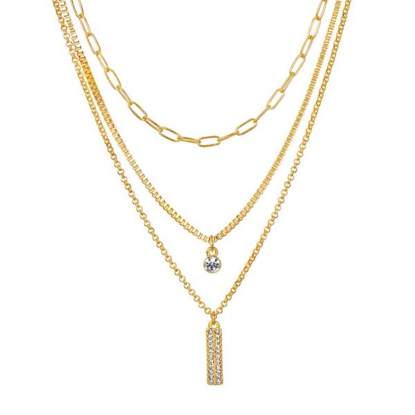 Emberly Gold Tone 3 Row Chain & Pave Bar Pendant Necklace