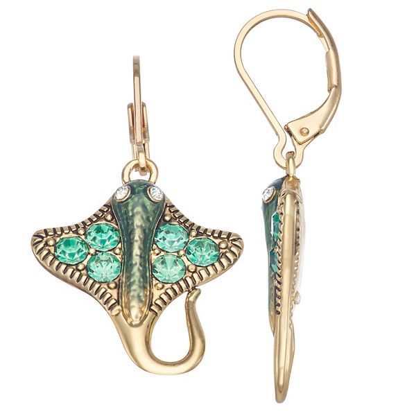 Napier Gold Tone Green Enamel Ocean World Stingray Drop Earrings