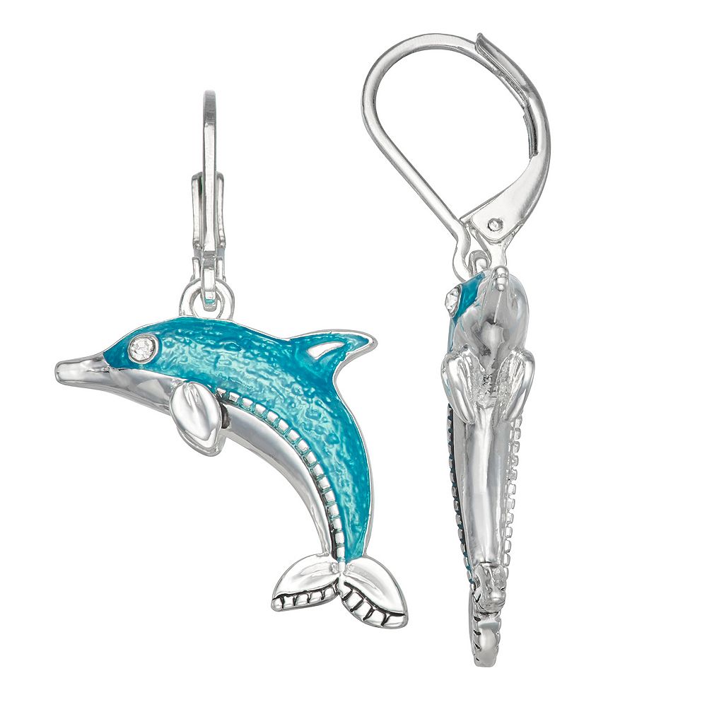 Napier Silver Tone Blue Enamel Ocean World Dolphin Drop Earrings