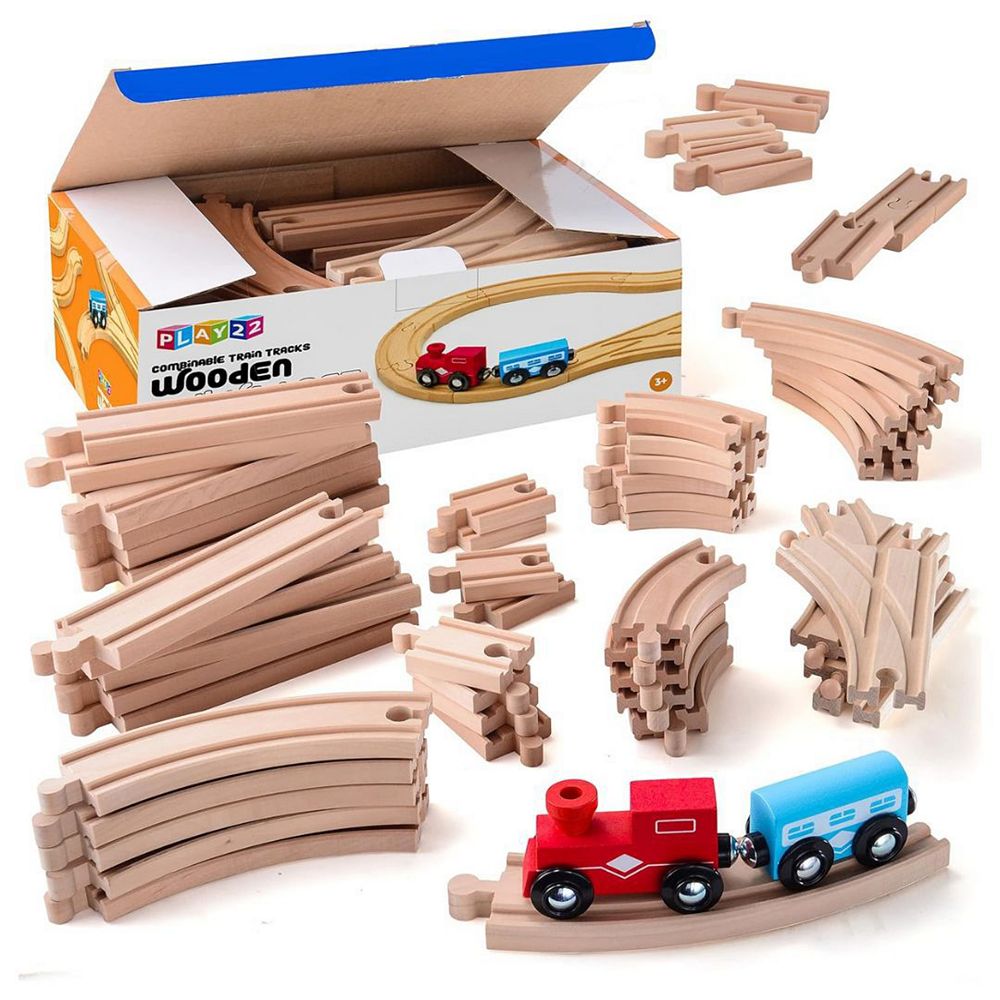 52 PCS Wooden Train Tracks Set + Toy Trains - Wooden Train Sets for Kids