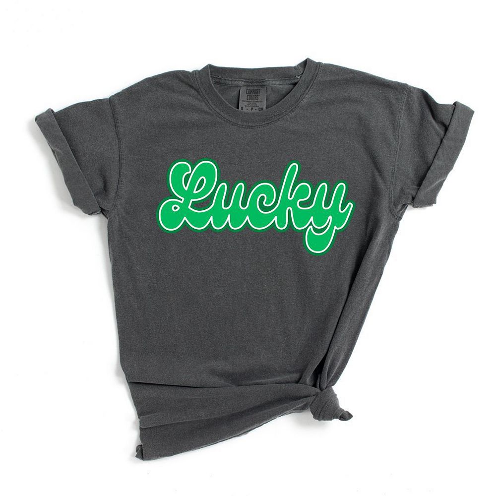 Green Lucky Cursive Garment Dyed Tees