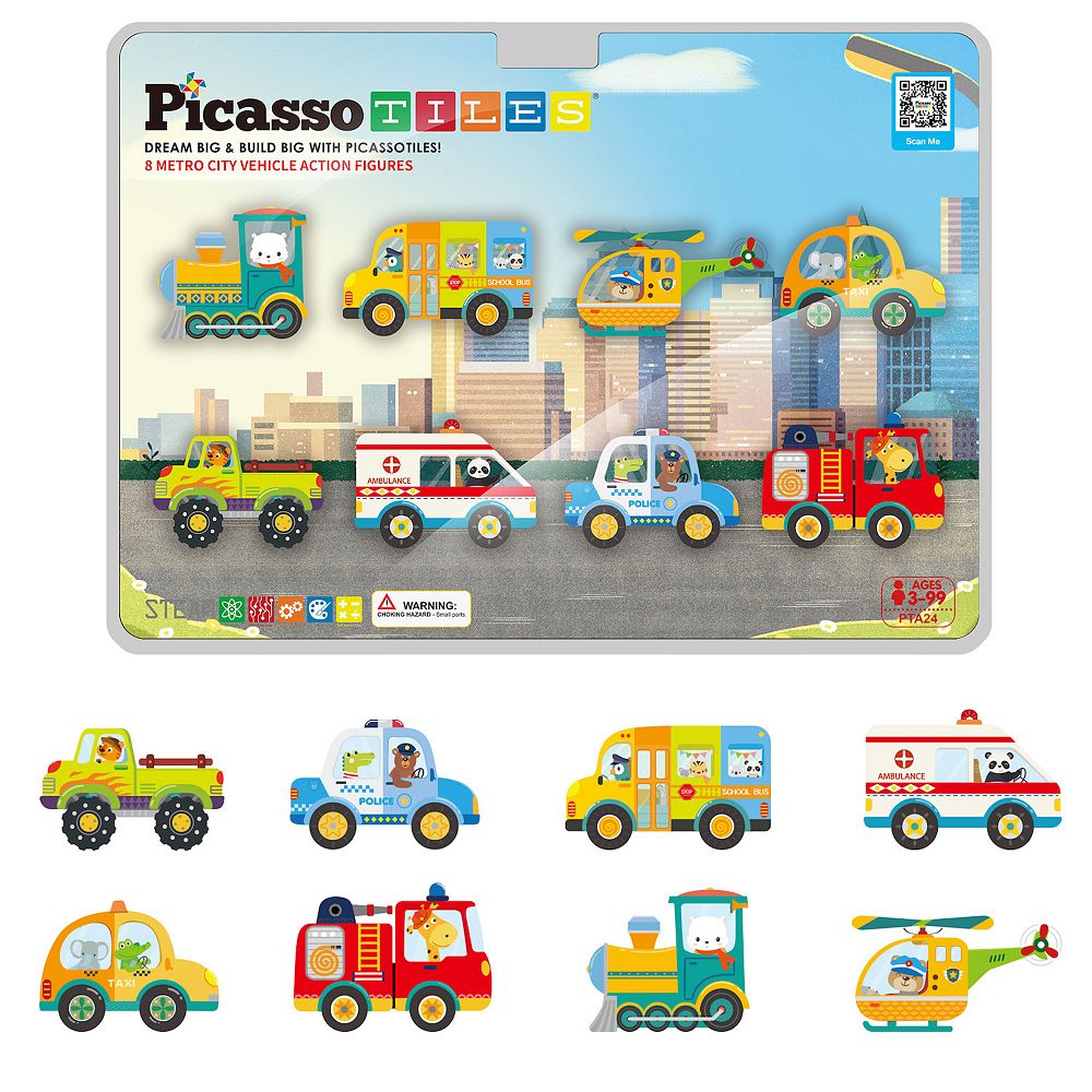 PicassoTiles 8 PC Metro City Vehicle Themed, Magnetic Tiles, Magnetic ...