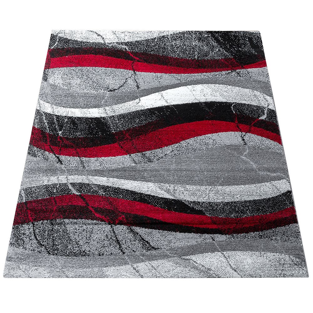 Grey Red Designer Rug With Modern Wave Effect Abstract