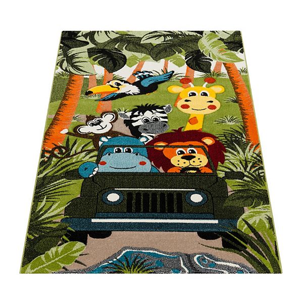 Kids Rug Jungle Safari Motif With Lion Hippo Monkey And Giraffe